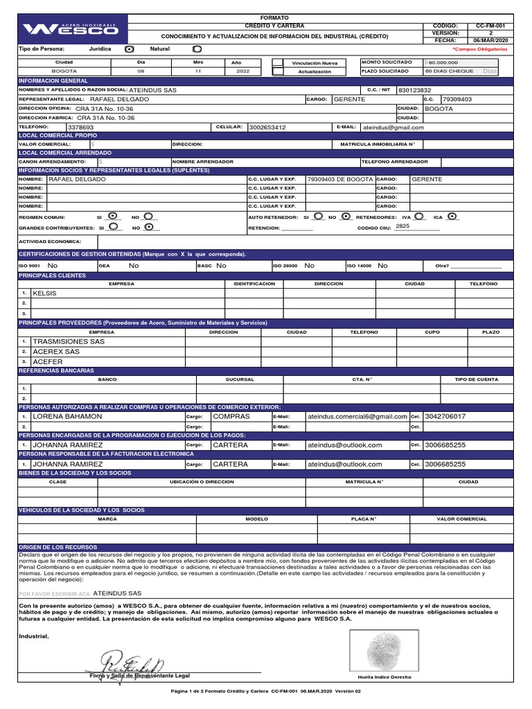 Formulario Wesco PDF | PDF | Moneda | Bancos