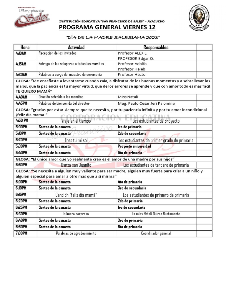Programa General Viernes 12 Día de La Madre | PDF