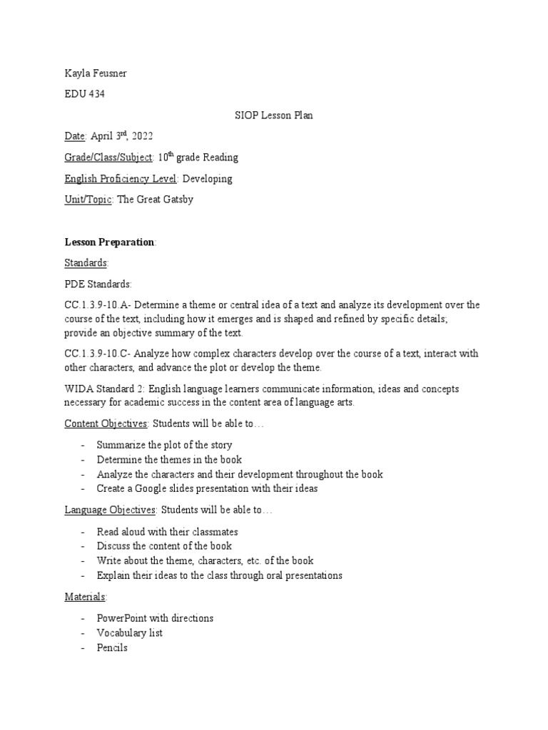 Siop Lesson Plan Reading | PDF | Books | Lesson Plan