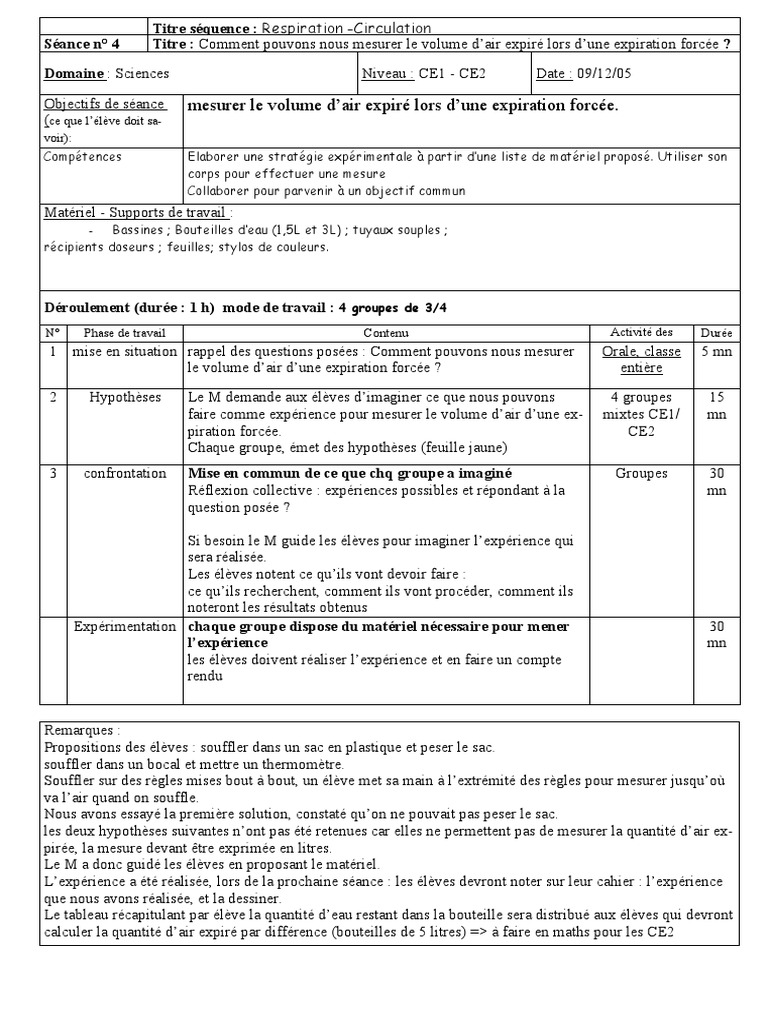FICHE DE PREPARATION Sciences La Respiration 4 | PDF