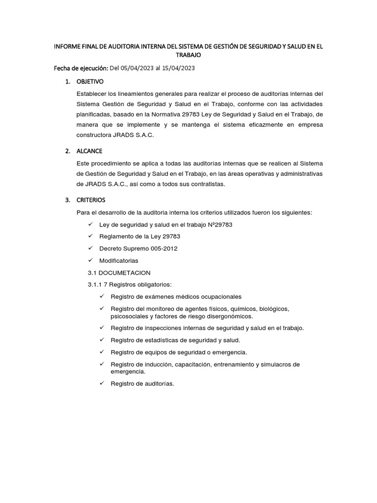 Informe Final de Auditoria Interna SGSST Jrads | PDF | Auditoría