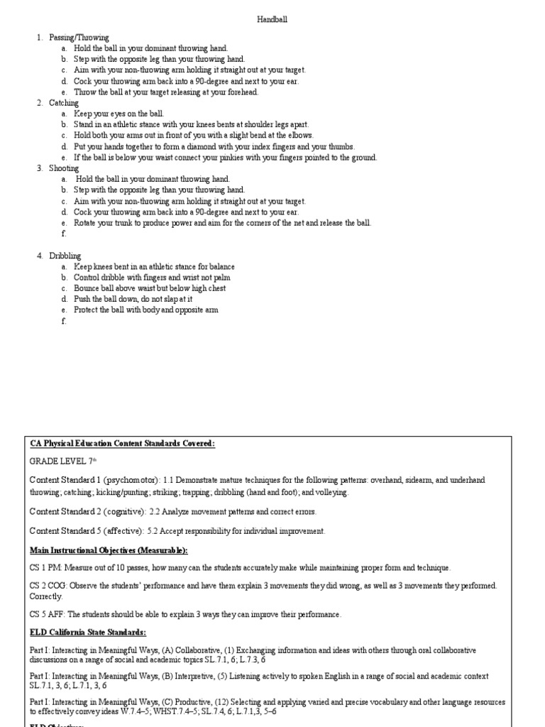 Caltpa Handball Lesson Plan | PDF | Hand