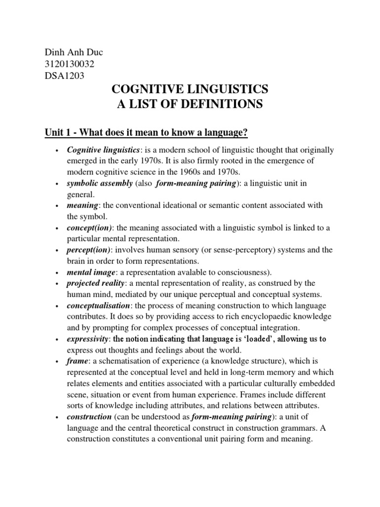 Cognitive Linguistics Review (Definitions) | PDF