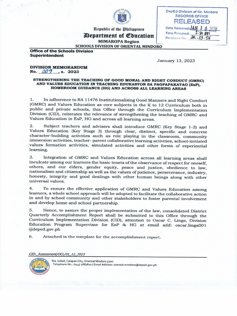 DM009 Strengthening The Teaching of Good Moral and Right Conduct GMRC ...