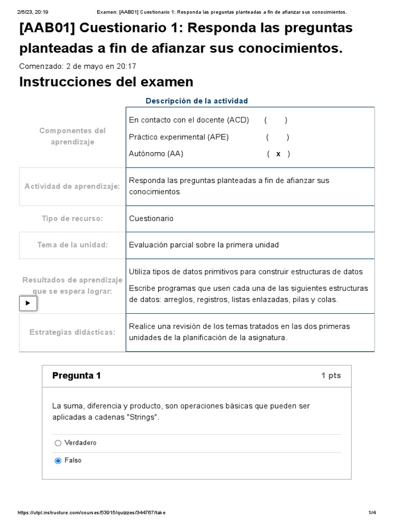 Examen - (AAB01) Cuestionario 1 - Responda Las Preguntas Planteadas A Fin de Afianzar Sus ...