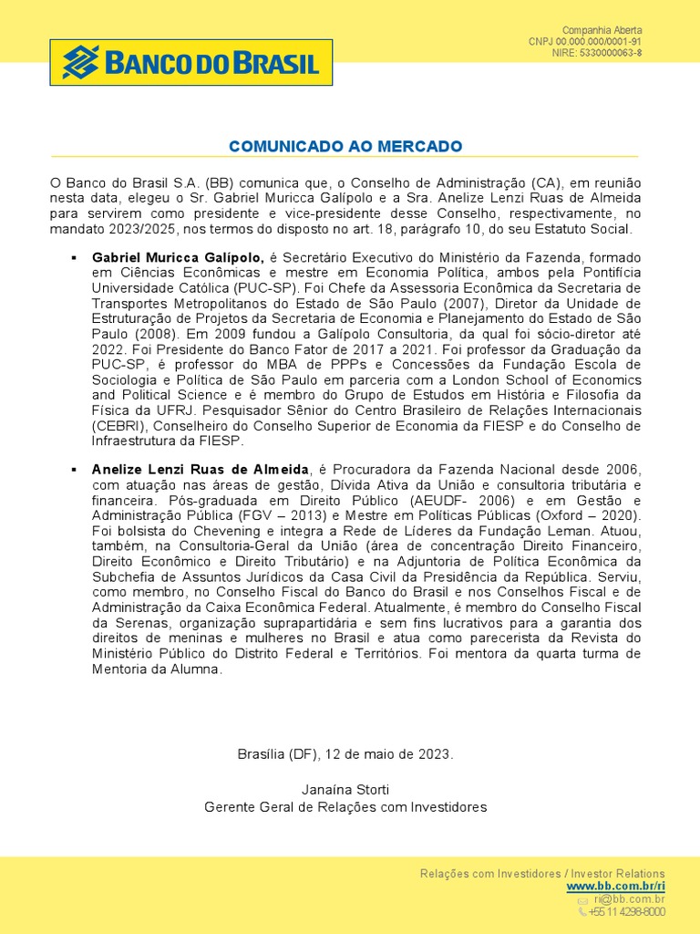 Comunicado Ao Mercado: Companhia Aberta CNPJ 00.000.000/0001-91 NIRE: 5330000063-8 | PDF ...