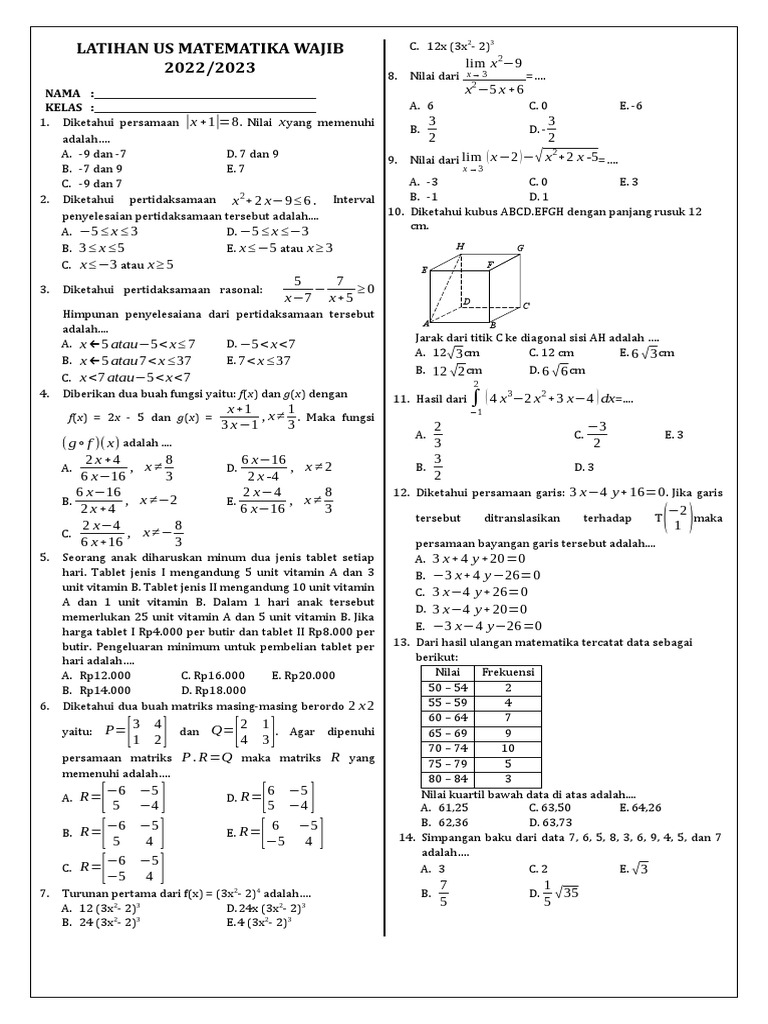 Soal Latihan Us Matematika Wajib 2023 | PDF