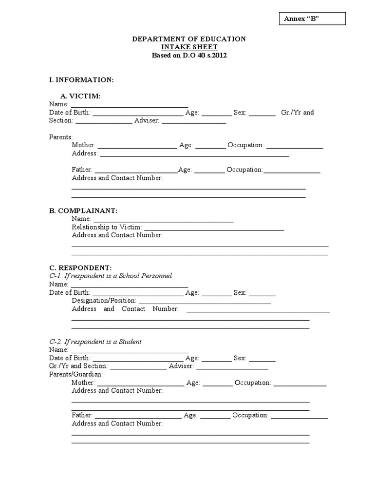 Annex B - Intake Sheet Final | PDF | Human Rights | Social Institutions