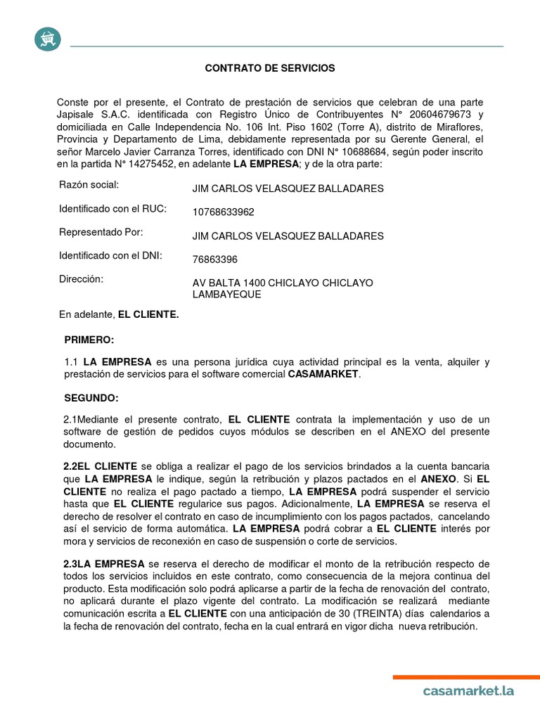 Contrato - Emprendedor Anual Jim Carlos Velasquez Balladares PDF | PDF ...
