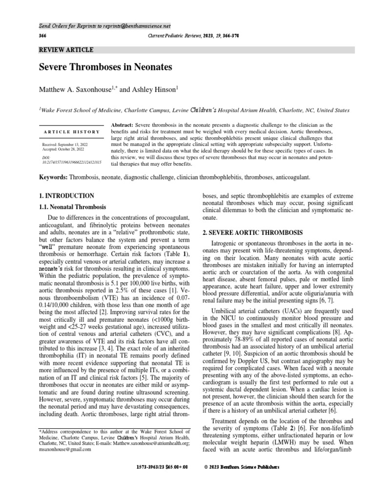 Severe Thromboses in Neonates | PDF | Thrombosis | Sepsis