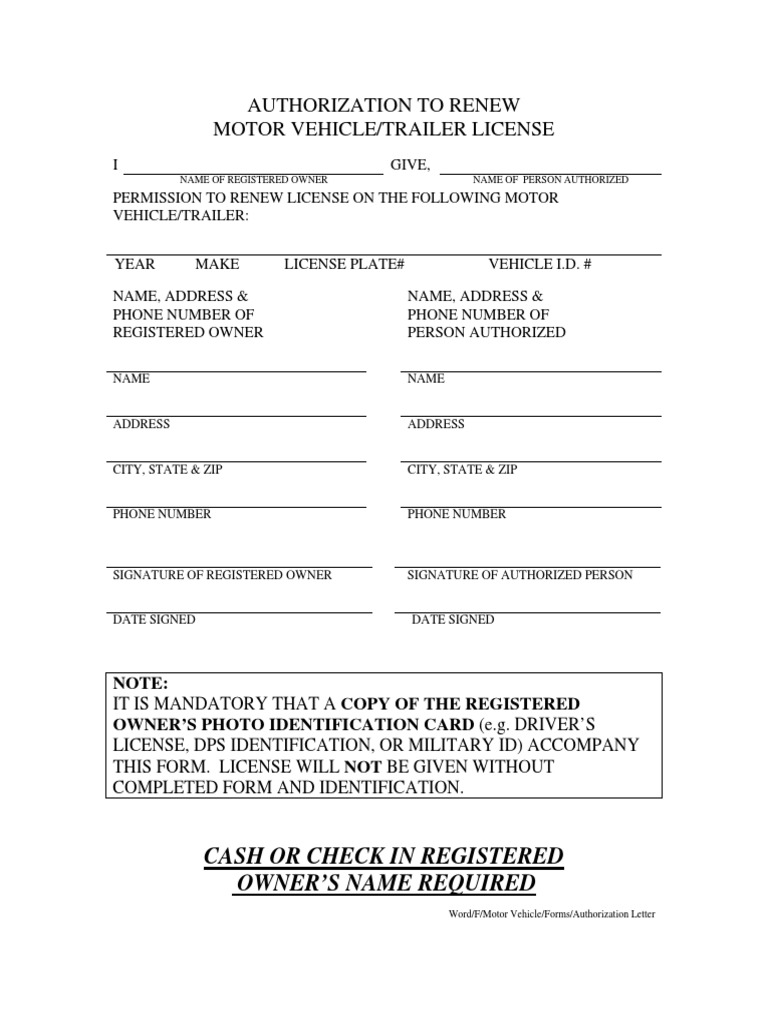 Authorization To Renew Motor Vehicle/Trailer License: Cash or Check in ...