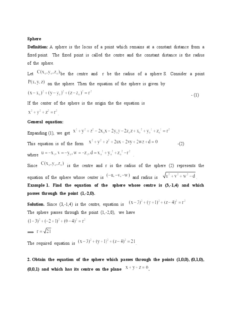 Sphere, Cone, and Cylinder Equations | PDF | Sphere | Circle