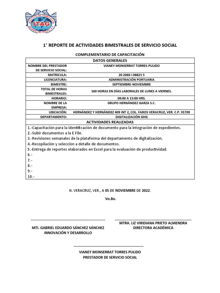 1° Reporte de Actividades Bimestrales de Servicio Social | PDF
