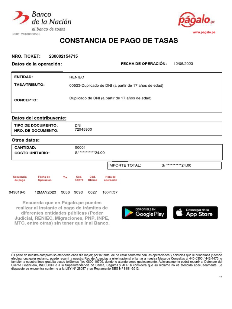 Constancia de Pago de Tasas: Datos de La Operación | PDF | Ciencias sociales | Derecho