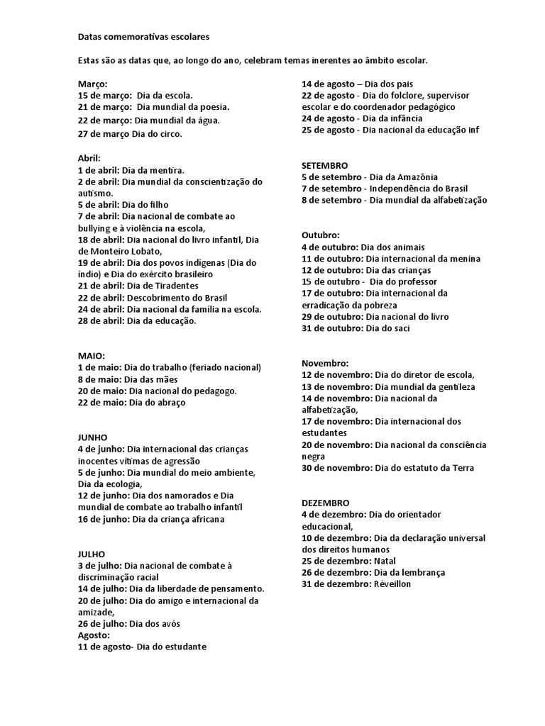 Datas Comemorativas Escolares 2025 | PDF