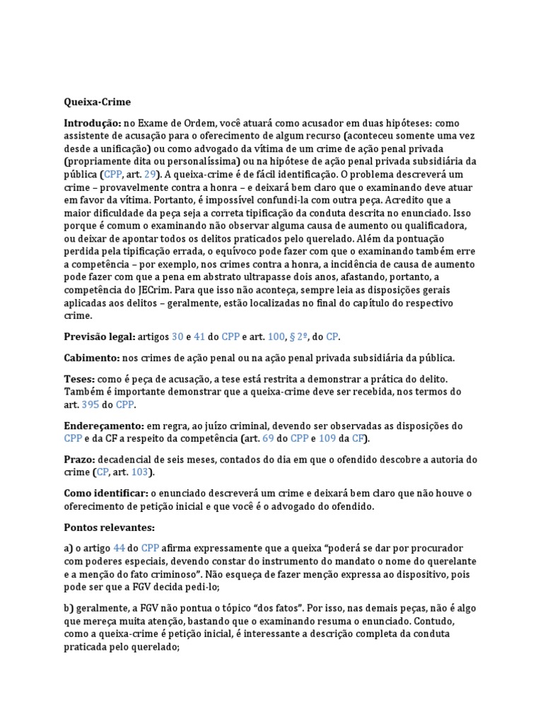 Oab FGV Como Passar Na 2 Fase Penal 7 Parte Queixa Crime | PDF | Crimes ...