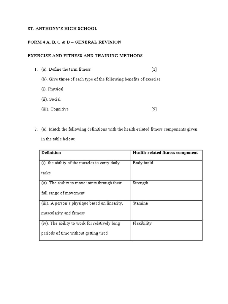 Exercise and Fitness Revision Guide | PDF | Physical Fitness | Skeletal ...