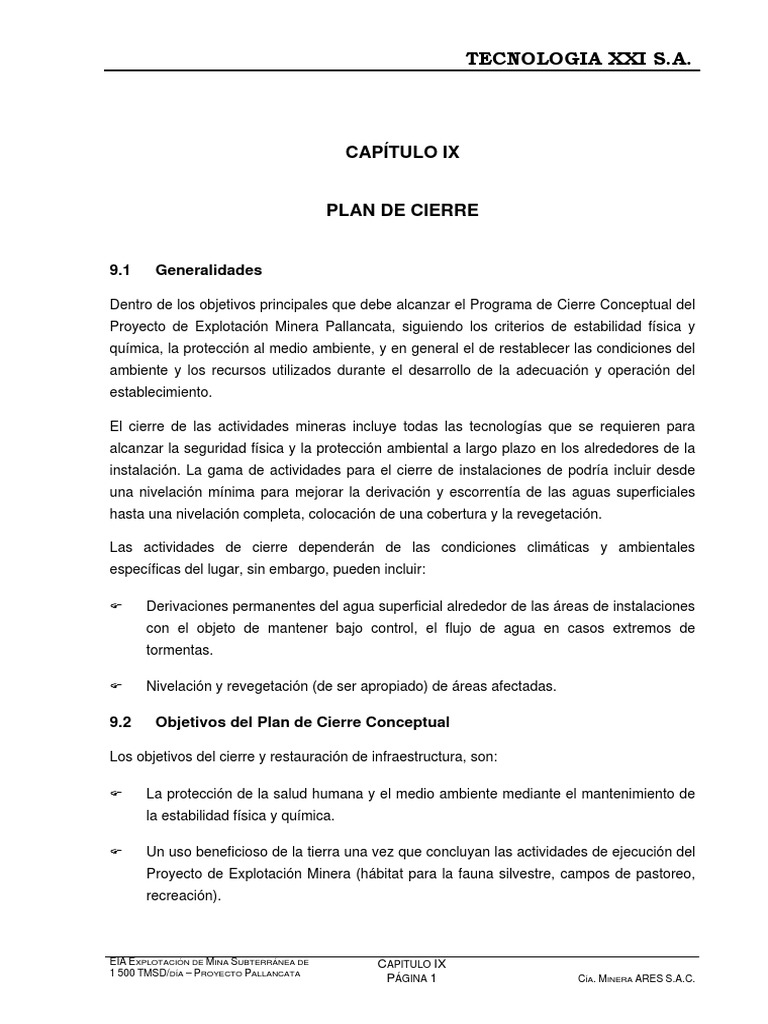 Cap IX - Plan de Cierre | PDF | Minería | Evaluación de impacto ambiental Cap IX - Plan de Cierre | PDF | Minería | Evaluación de impacto ambiental