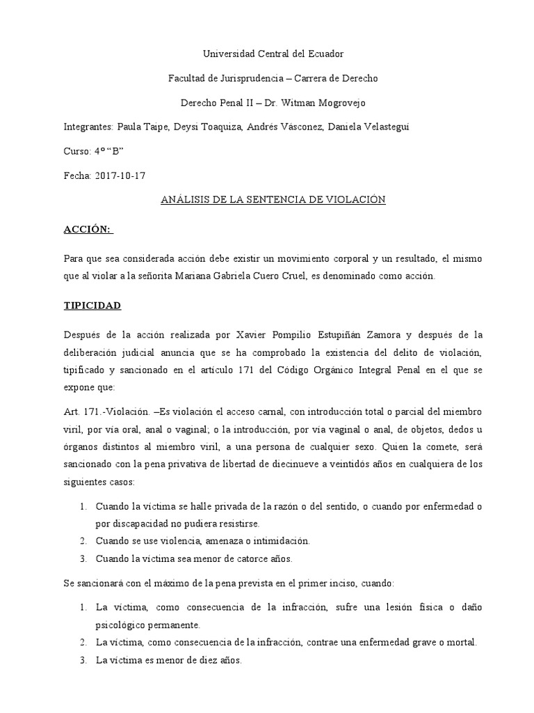 ANÁLISIS DE LA SENTENCIA DE VIOLACIÓN (Grupal) | PDF | Violación | Derecho penal