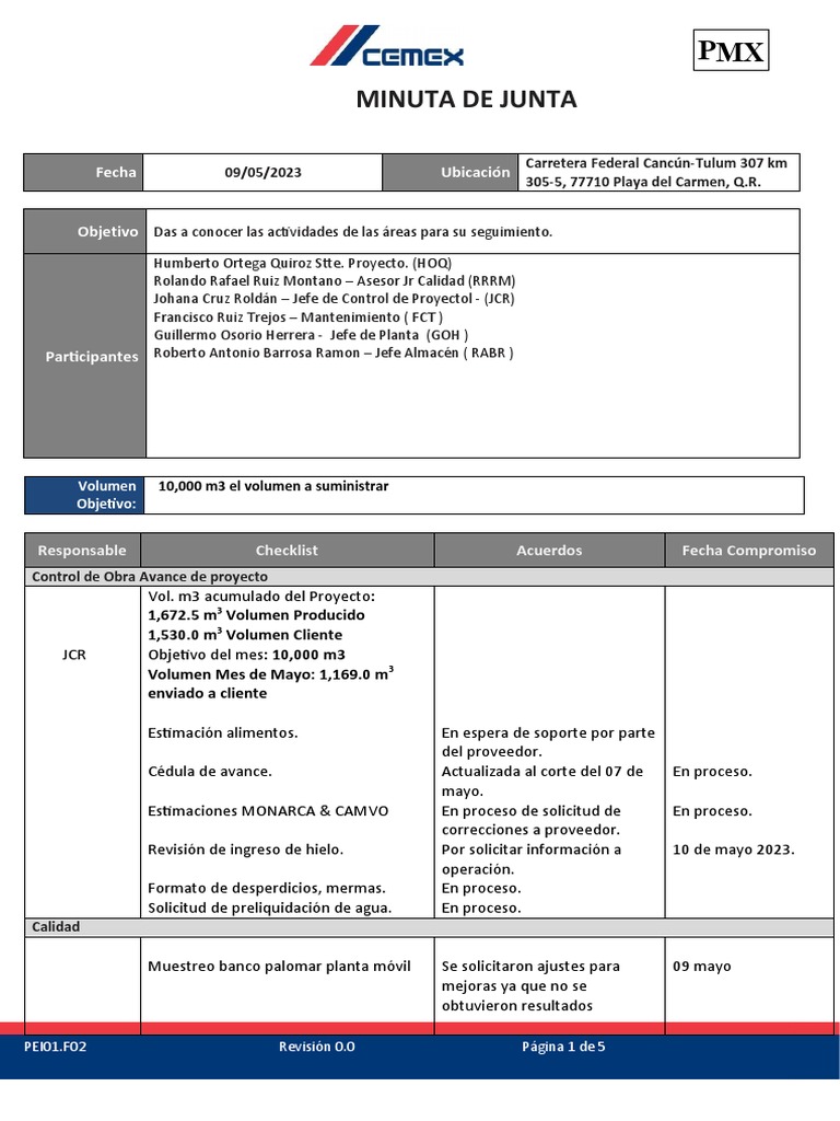 PEI 01.F02 Minuta Juntas Diarias 09-05-23 | PDF