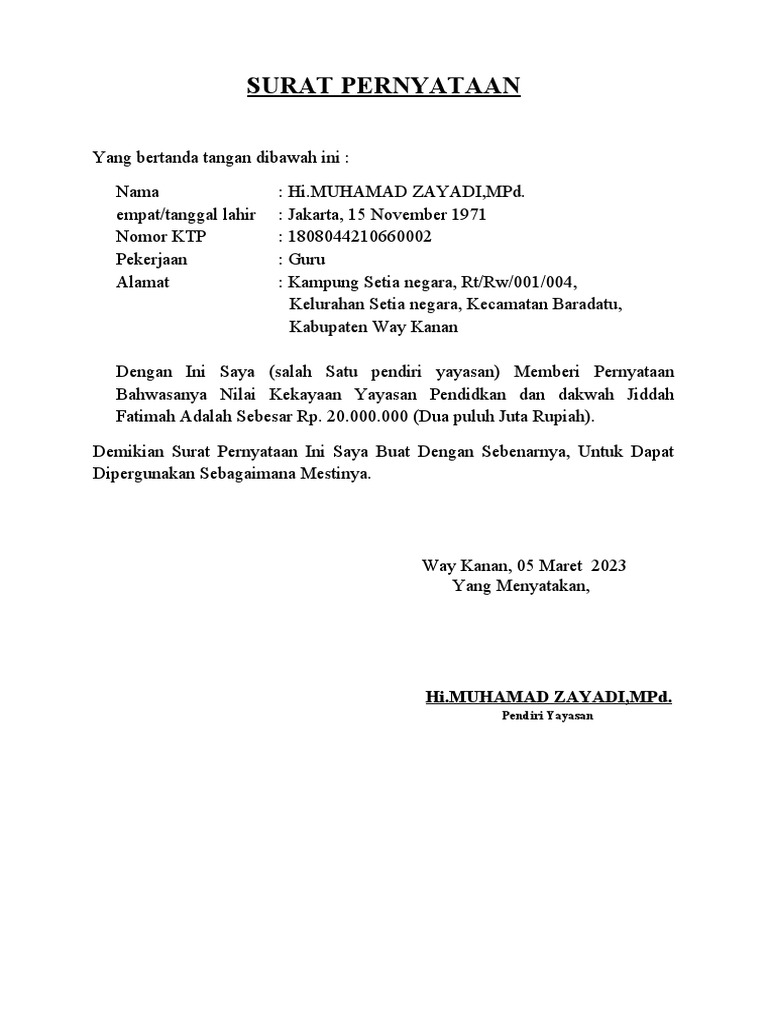 Surat Pernyataan Kekayaan Yayasan | PDF