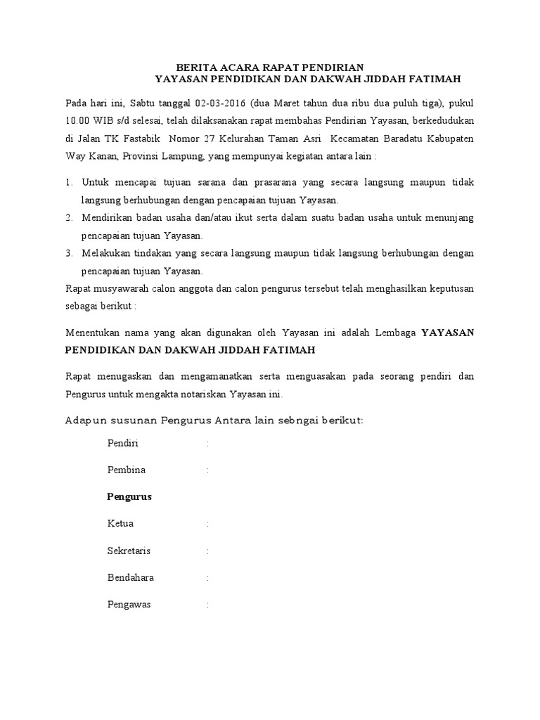 CONTOH BERITA ACARA RAPAT PENDIRIAN | PDF