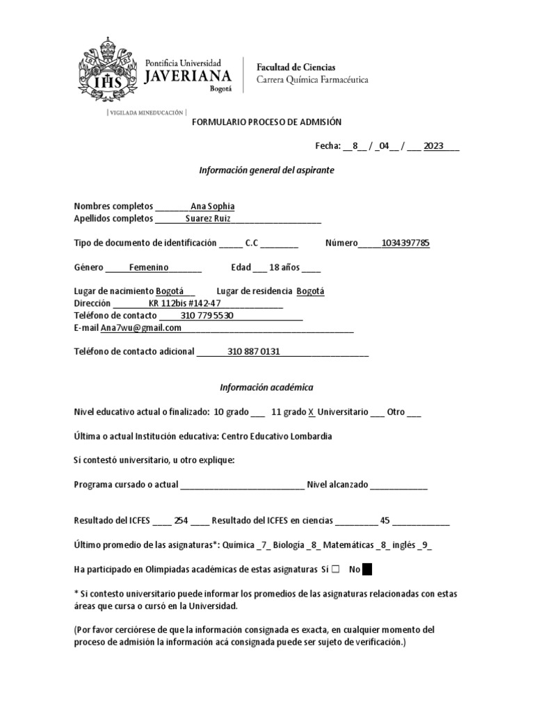 Formulario Proceso de Admision Quimica Farmaceutica PUJ V 24 02 2023 ...