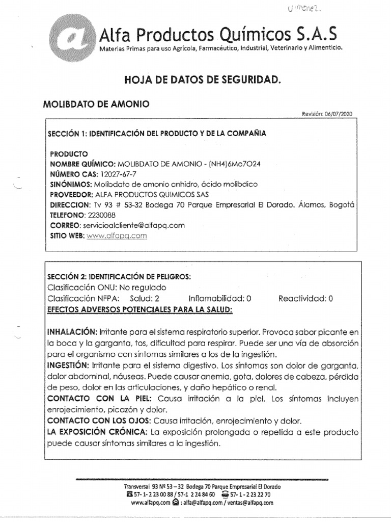 Molibdato de Amonio (NH4) 6mo7024 | PDF