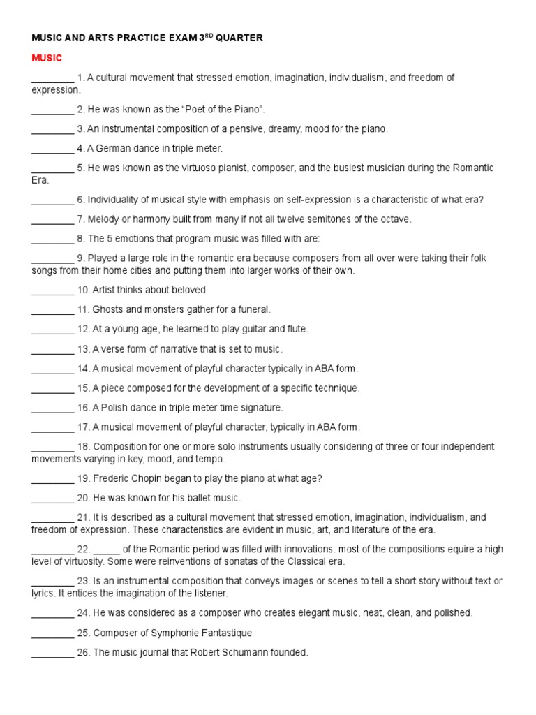 Music and Arts Practice Exam 3RD Quarter | PDF | Sculpture | Robert Schumann