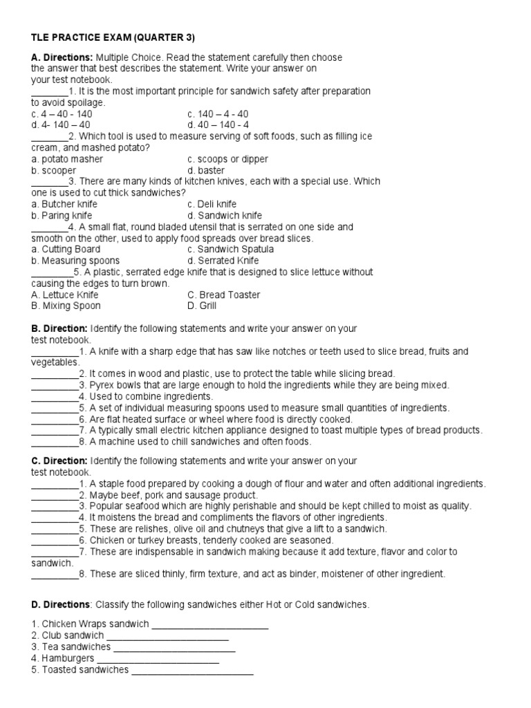 Tle Practice Exam | PDF | Breads | Sandwich