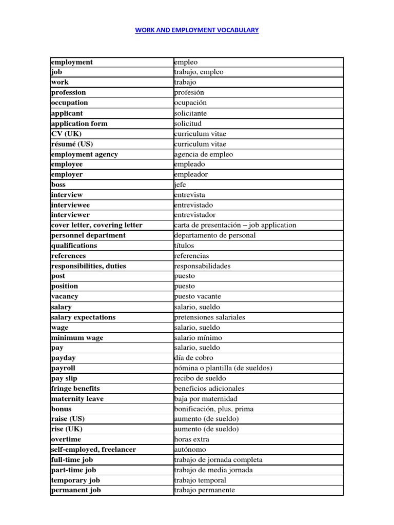 Work and Employment - Vocabulary PDF | PDF | Economía laboral | Sueldos ...