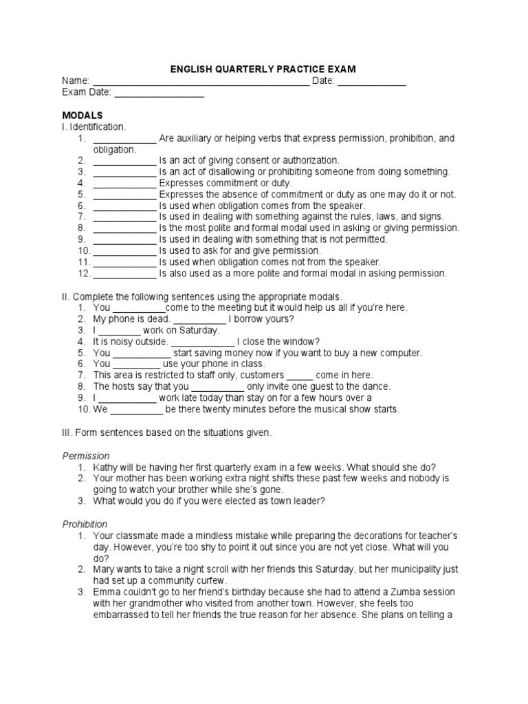 English Quarterly Practice Exam | PDF | Verb | Grammar