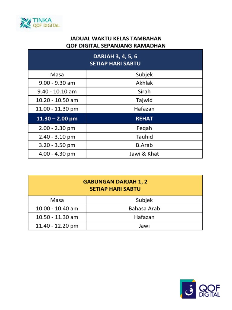 Jadual Waktu Kelas Tambahan Qof Digital Ramadhan | PDF