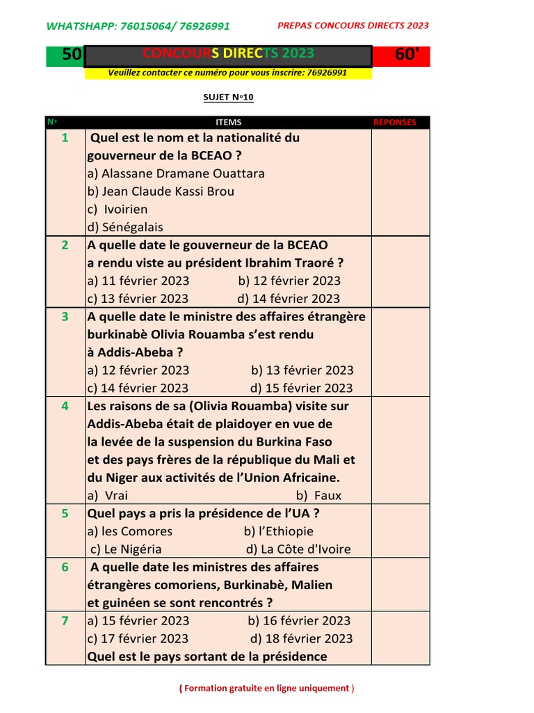 Questions Culture Générale Concours 2023 | PDF