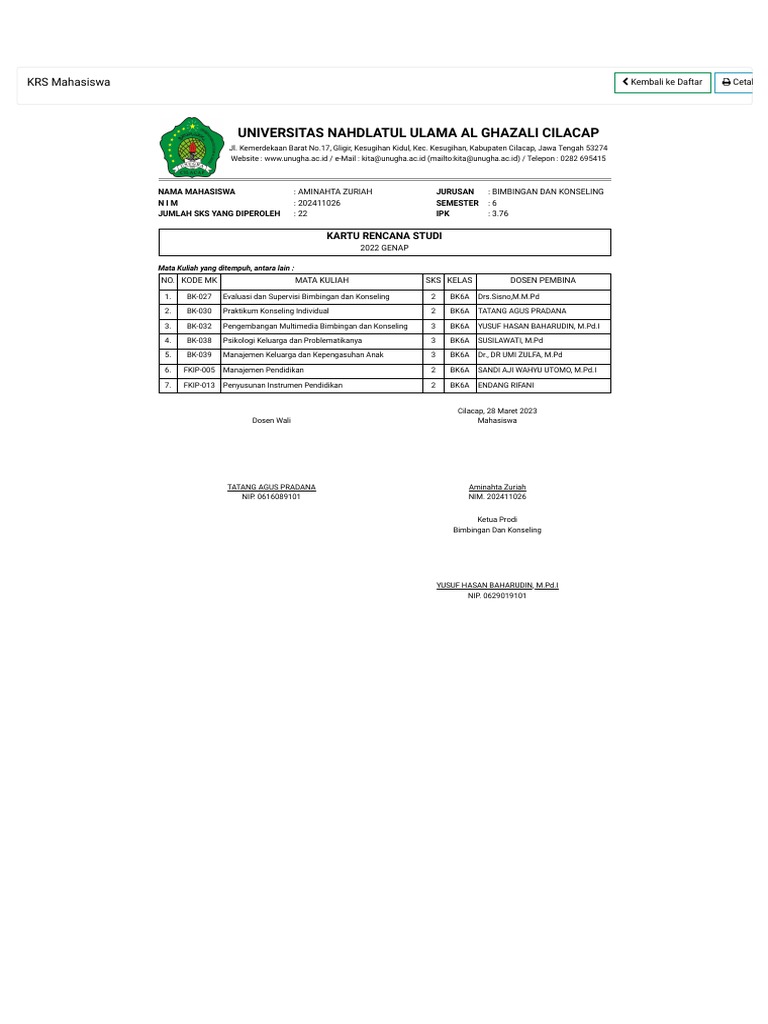 Kartu Rencana Studi Aminahta Zuriah | PDF