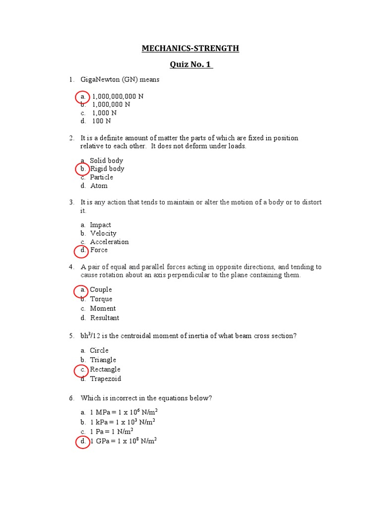 MECHANICS-STRENGTH Quiz No. 1 Mechanics Strength Test | PDF | Stress ...