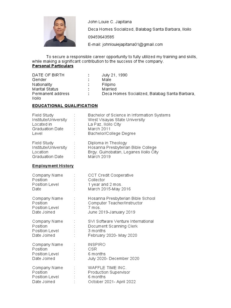 Seeking a Career Opportunity in Information Technology: John Louie C. Japitana's Resume | PDF ...