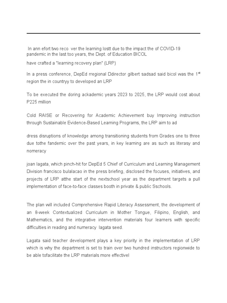 Bicol's Learning Recovery Plan 2023-2025 | PDF | Career & Growth | Business