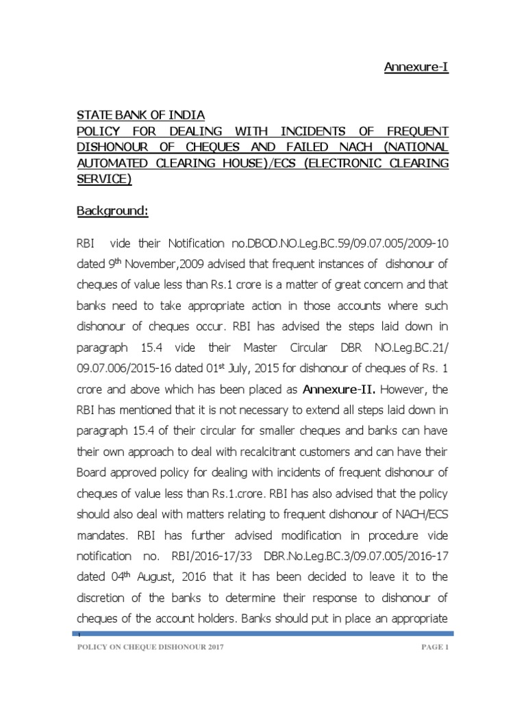 Policy on Cheque and NACH Dishonour | PDF | Cheque | Banks