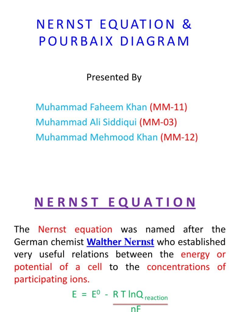 Nernst Equation and Pourbaix Diagram Overview | PDF | Corrosion | Ph