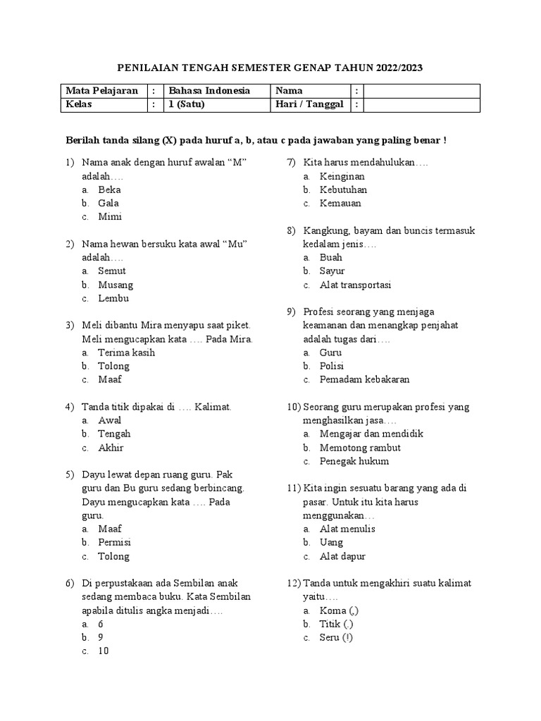 Soal PTS Smester Ii Kelas 1 B | PDF