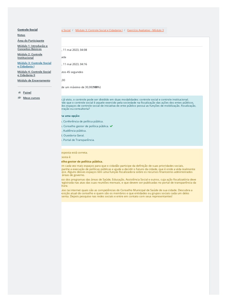 Exercício Avaliativo - Módulo 3 - Controle Social | PDF