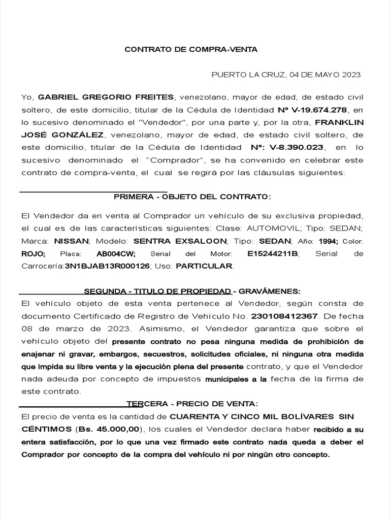 PDF Modelo Compra Venta Vehiculo Venezuela - Compress | PDF | Vehículos ...