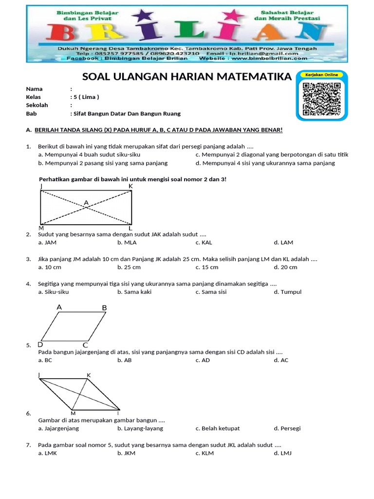Soal Matematika Kelas 5 SD Bab 7 Sifat Bangun Datar Dan Bangun Ruang Dan Kunci Jawaban | PDF ...