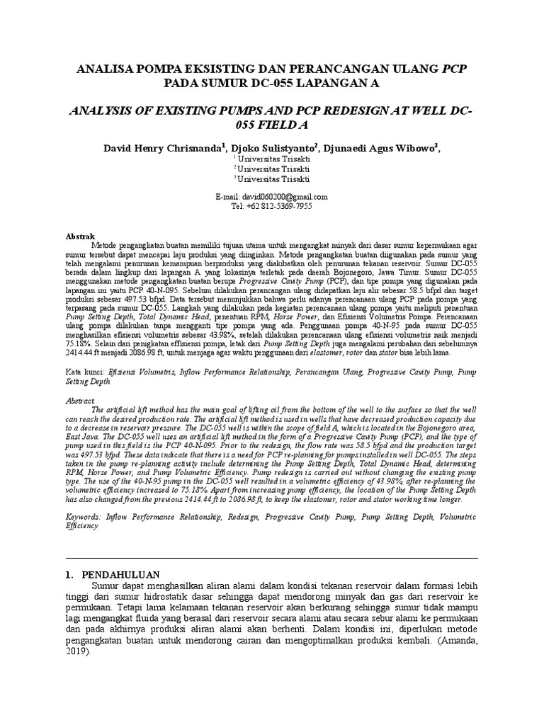 081 - Analisa Pompa Eksisting Dan Perancangan Ulang PCP Pada Sumur DC 055 Lapangan A (Revisi) | PDF