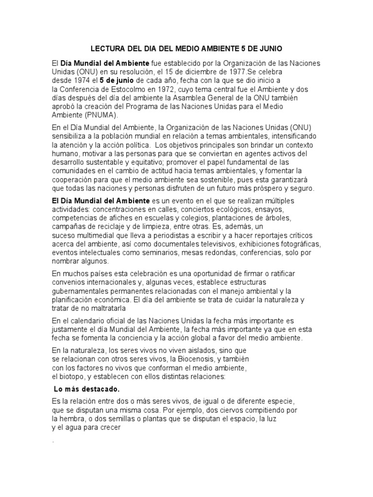Lectura Del Dia Del Medio Ambiente 5 de Junio Lilia | PDF | Entorno ...