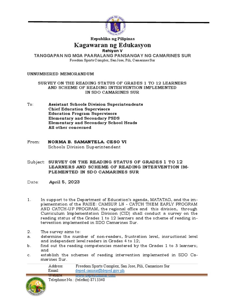 5 Unnumbered Memo For The Reading Survey | PDF