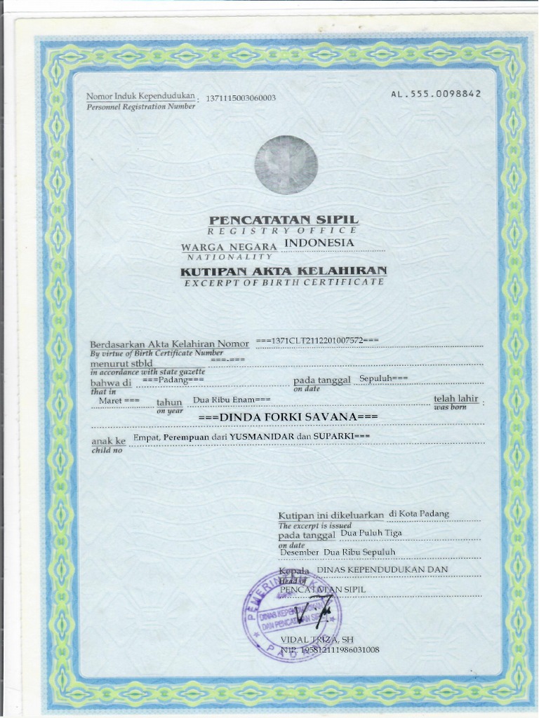 Akte Kelahiran Dinda PDF | PDF