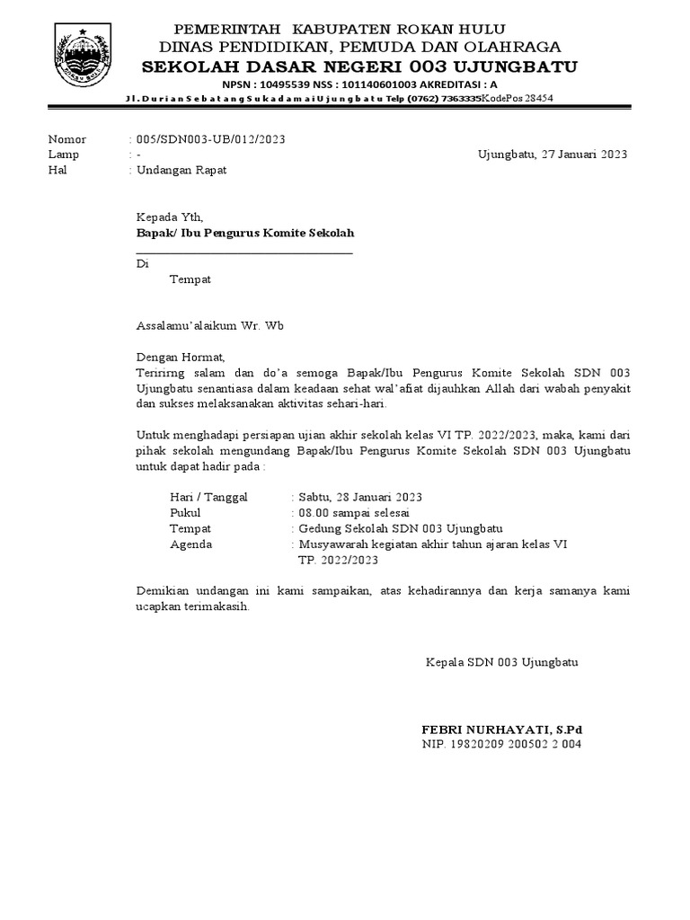 Surat Rapat Kelas 6 KOMITE SD NEGERI 003 UJUNGBATU | PDF