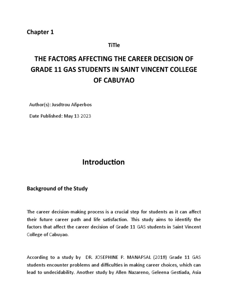 Chapter 1THE FACTORS AFFECTING THE CAREER DECISION OF GRADE 11 GAS ...